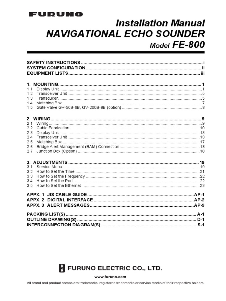 FE-800 Echo Sounder Installation Guide | PDF | Screw | Electrical Connector