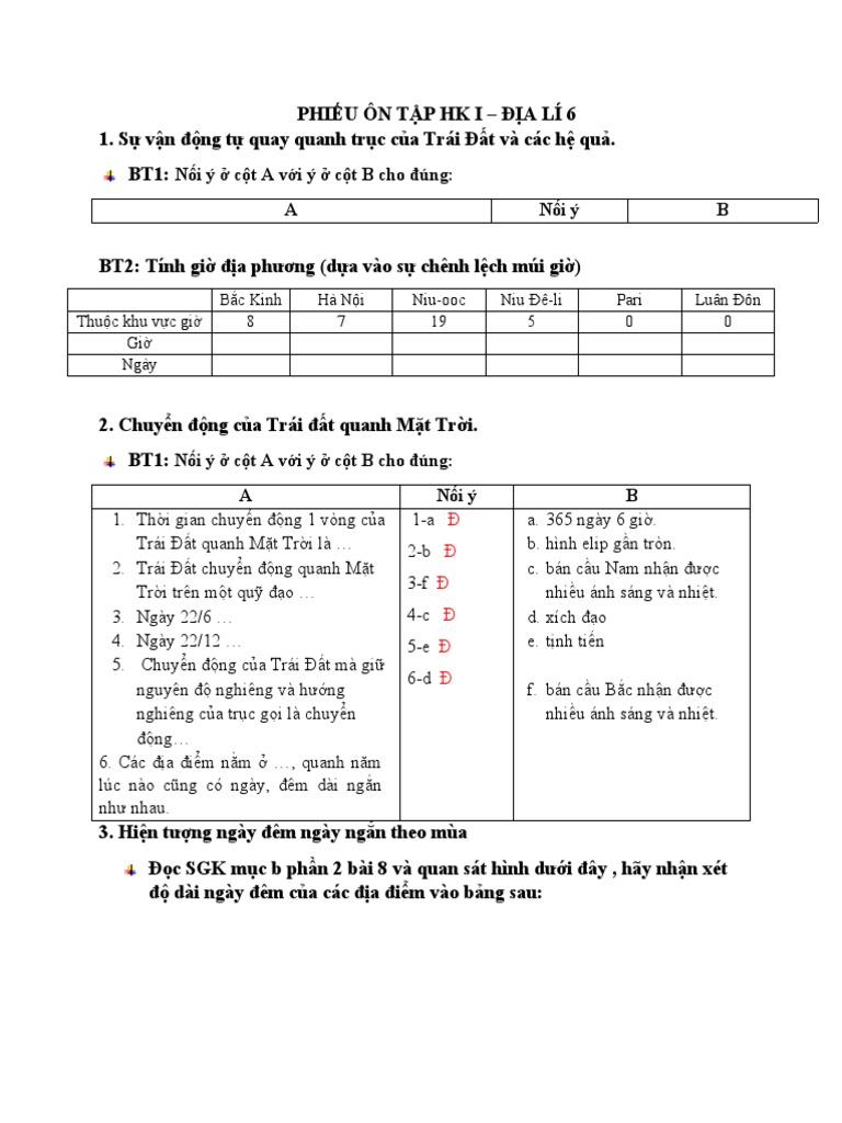 Phiếu ôn tập HK1 - K6 | PDF