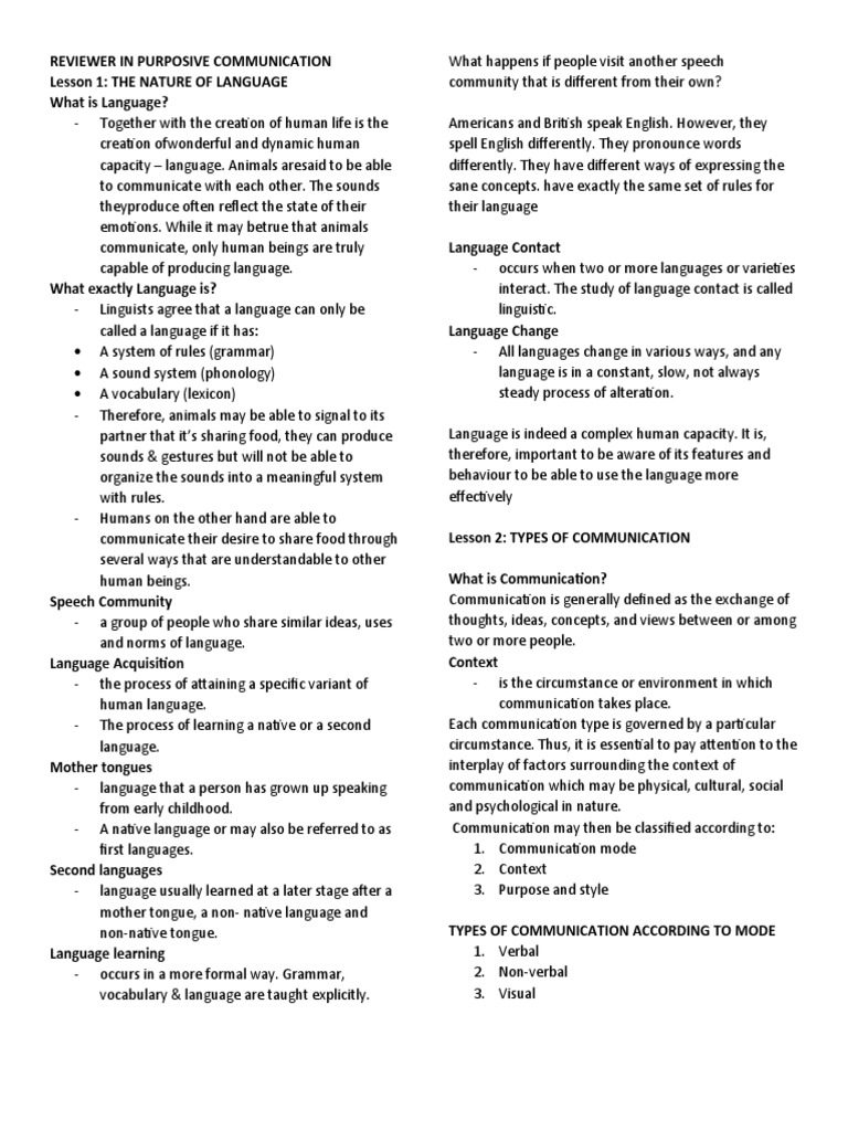 Purposive Communication Reviewer Guide | PDF | Communication | Linguistics