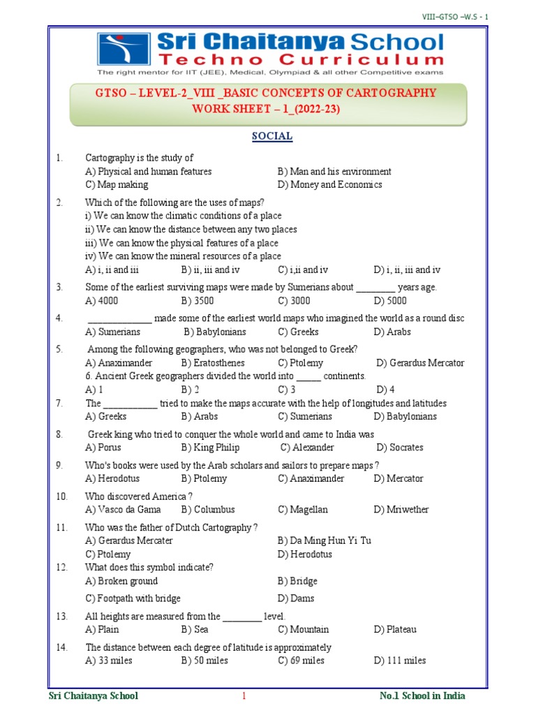 8 Class GTSO Work Sheet - 1 (BASIC CONCEPTS OF CARTOGRAPHY) | PDF ...