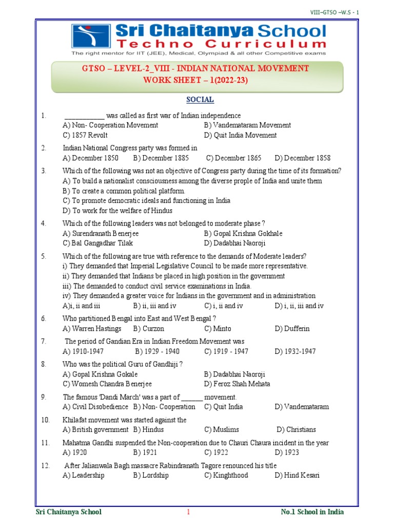8 Class Gtso Work Sheet - 1 (Indian National Movement) | PDF | Indian Independence Movement ...