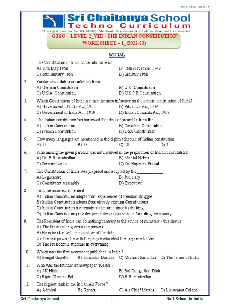 8 Class Gtso Work Sheet - 1 (The Indian Constitution) | PDF ...