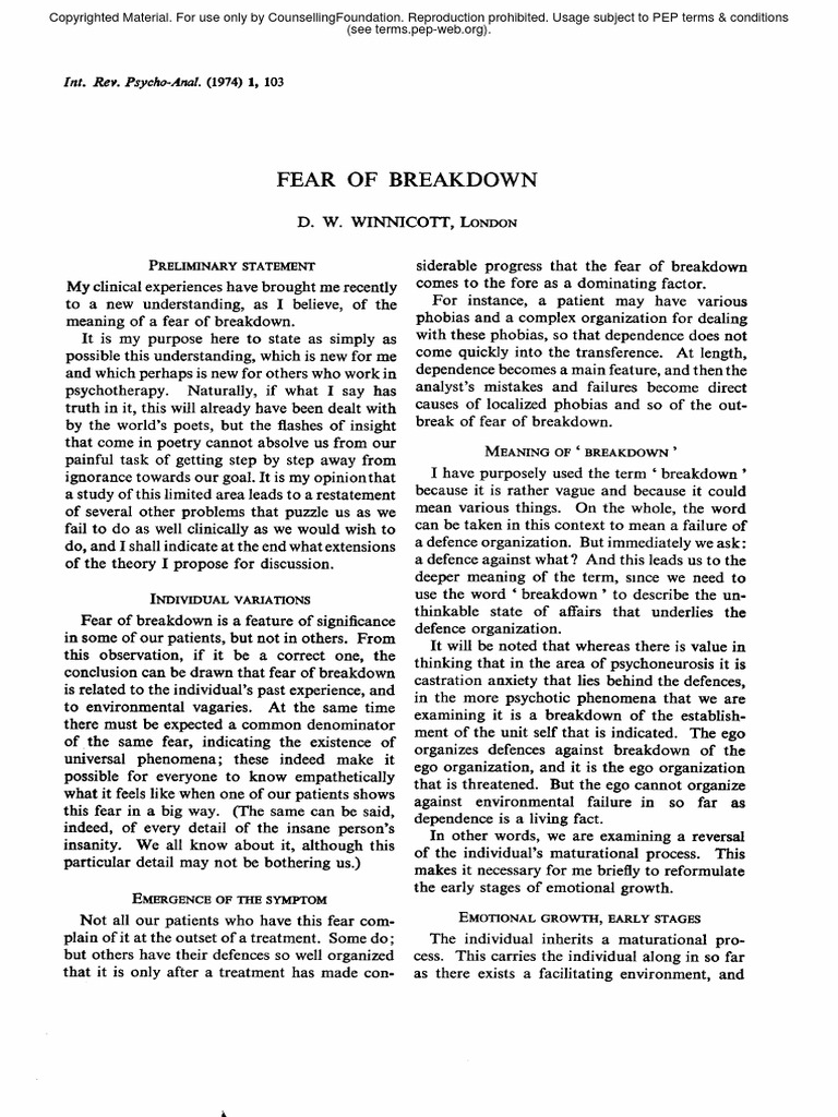 Winnicott D. 1974. Fear of Breakdown. International Review of Psycho ...