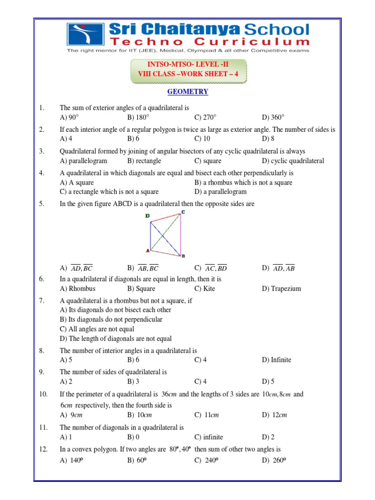 Geometry - Intso - Mtso - Viii Class - WS-4 | PDF | Rectangle | Elementary Geometry