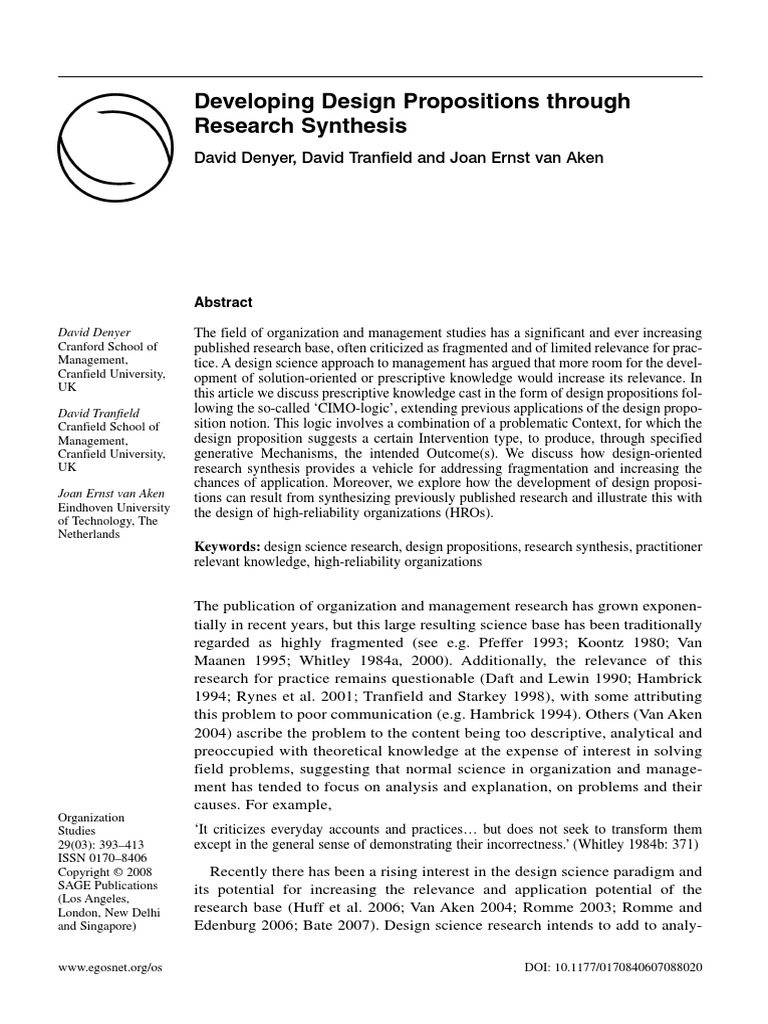 Denyer, Tranfield and Van Aken 2008 - Developing Design Propositions ...