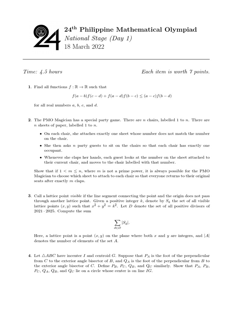24 Philippine Mathematical Olympiad National Stage (Day 1) 18 March ...