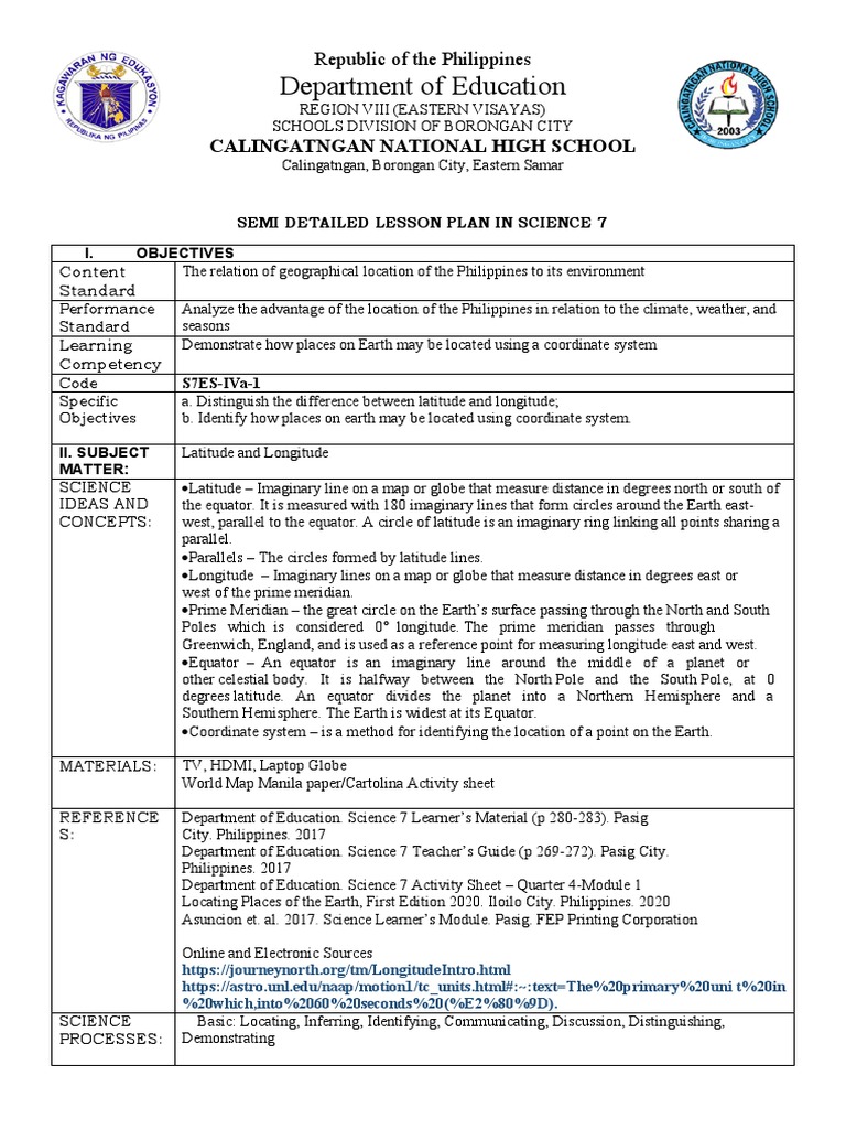 Lesson Plan in Sciece7 q4 | PDF | Latitude | Longitude