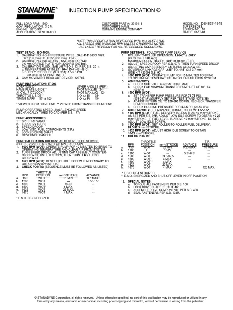 Injection Pump Specification © | PDF | Pump | Valve