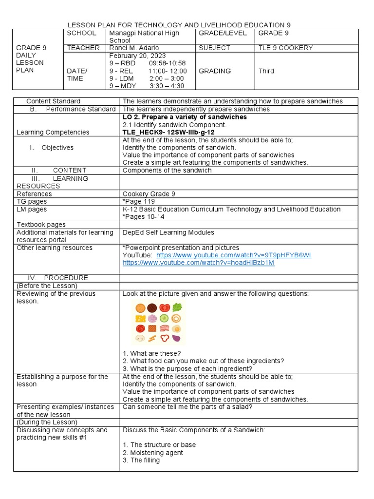 Lo 2. Prepare A Variety of Sandwiches Tle - Heck9-12Sw-Iiib-G-12 | PDF | Breads | Mayonnaise