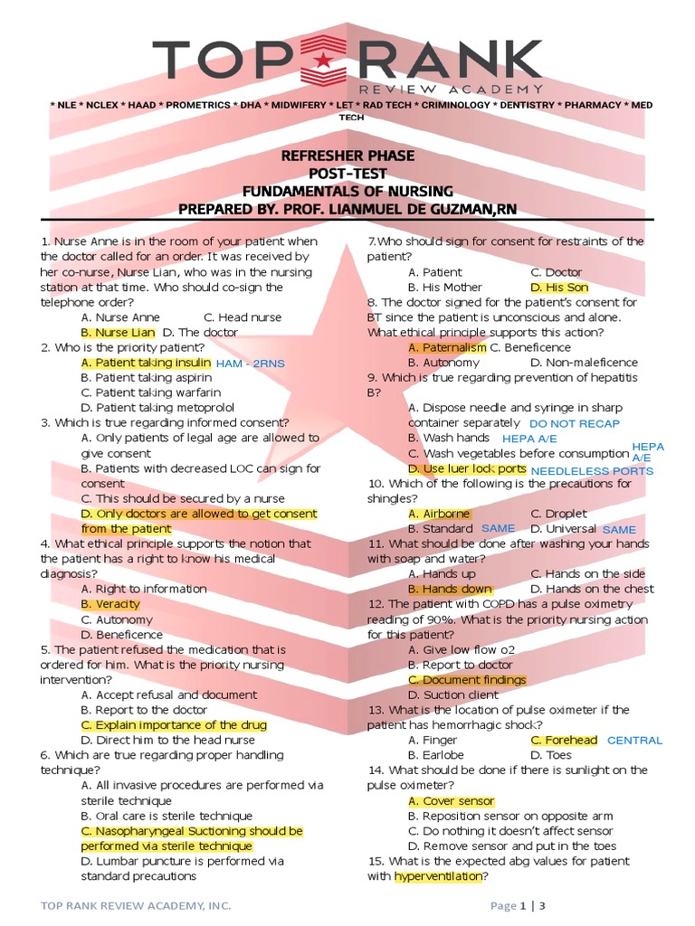 Nursing Fundamentals Refresher Post-Test Review | PDF | Intravenous ...