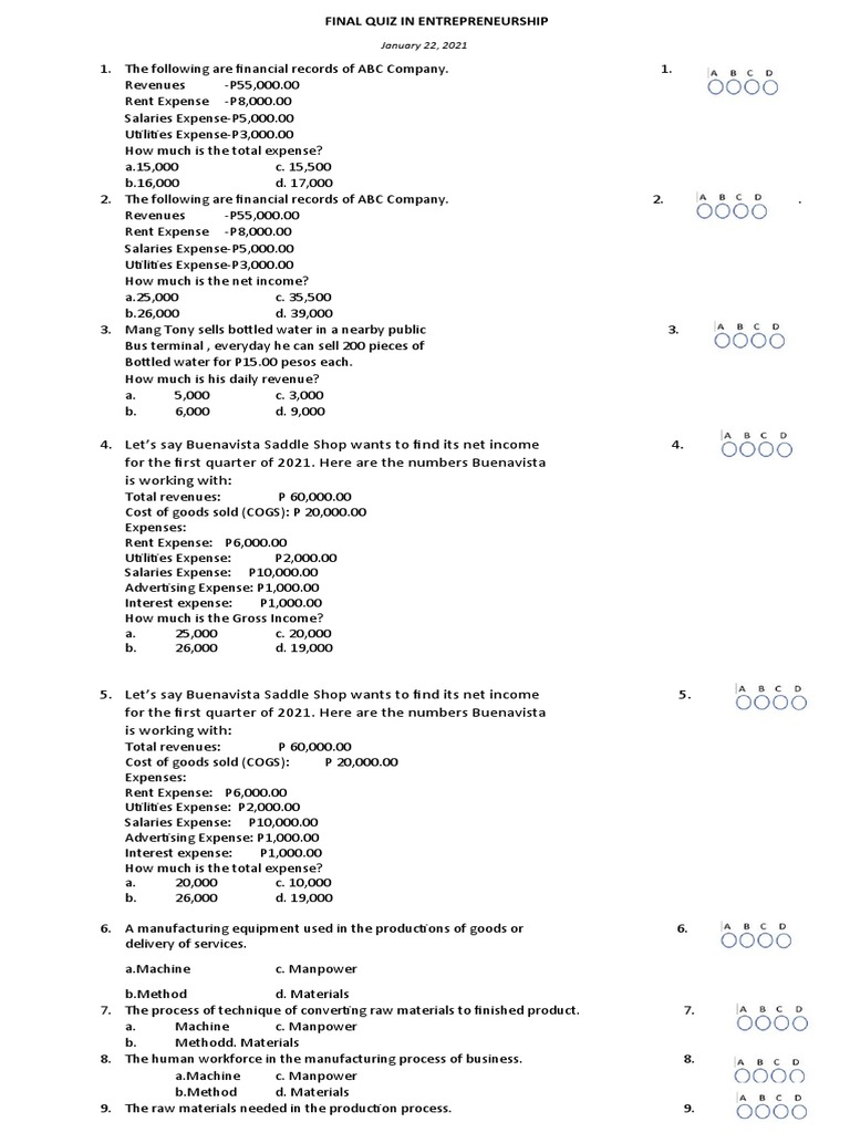 Final Quiz in Entrepreneurship | PDF | Marketing | Business Model