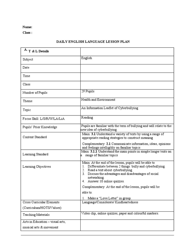 Cefr Based Lesson Plan Pdf Cyberbullying Lesson Plan