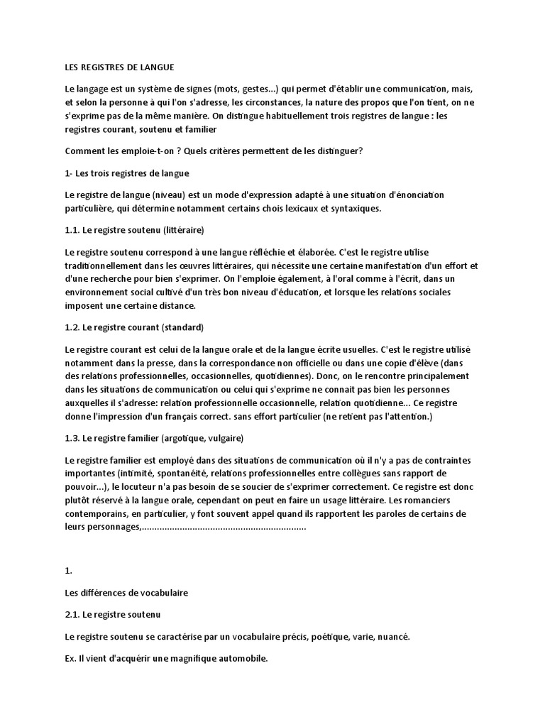 Les Registres de Langue | PDF | Grammaire | Linguistique
