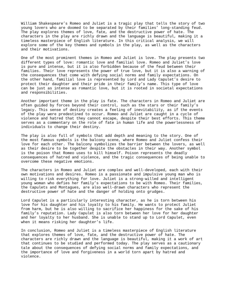 Romeo and Juliet - Critical Analysis | PDF | Romeo And Juliet ...