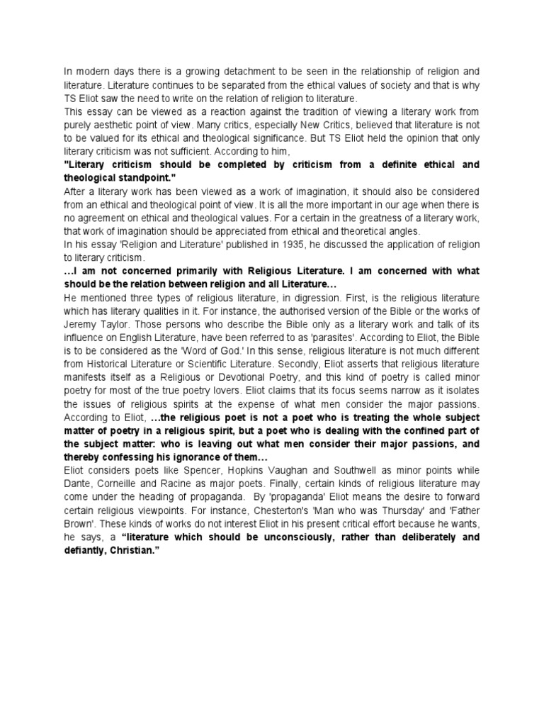 TS Eliot on Religion and Literature | PDF | Theology | T. S. Eliot