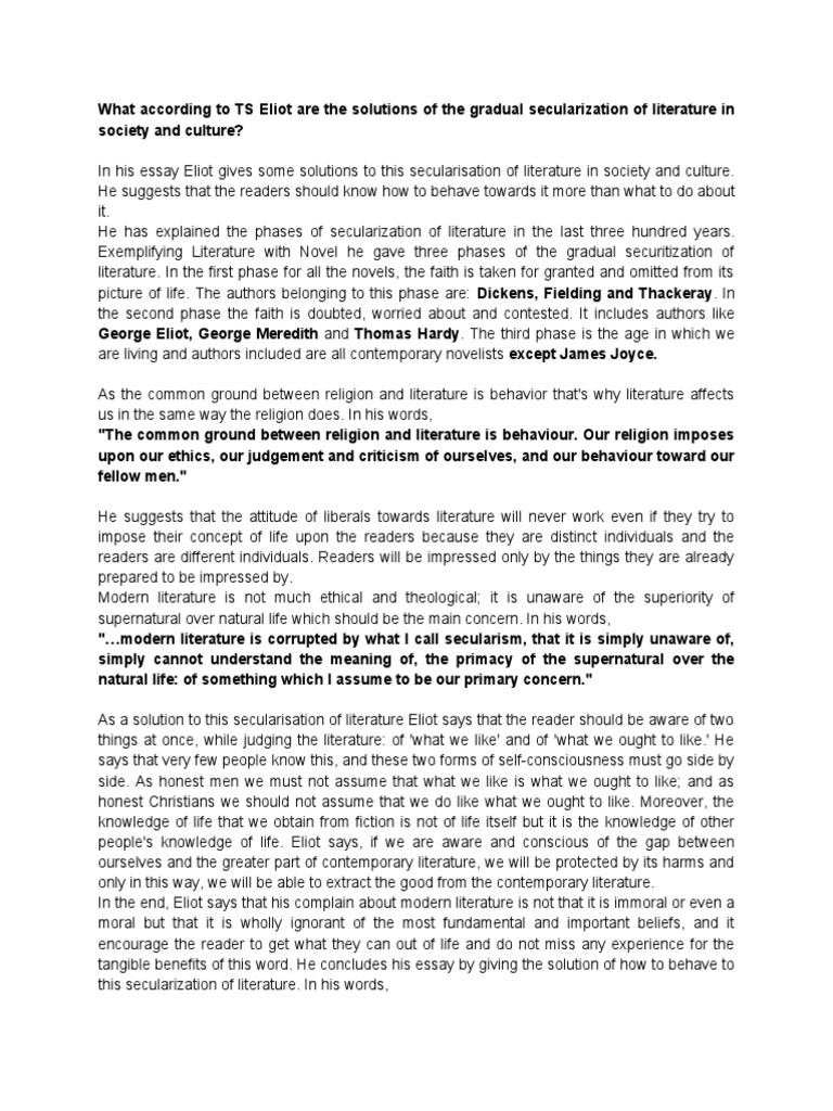 Eliot on Secularization in Literature | PDF | Knowledge | Secularism