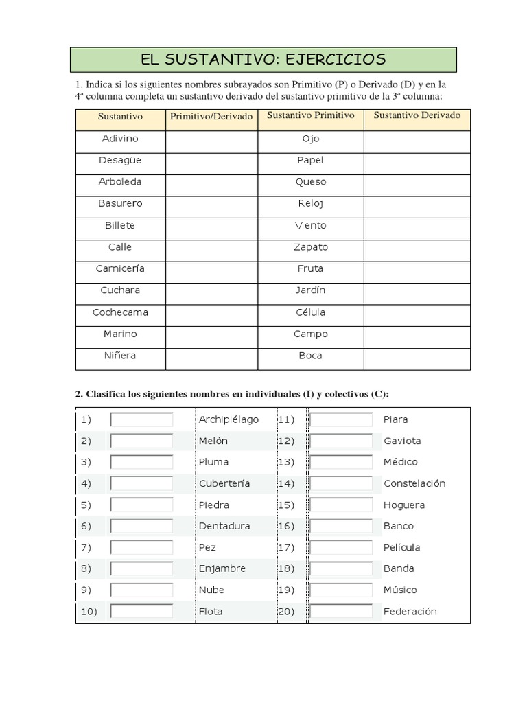 Ejercicios Sustantivos | PDF