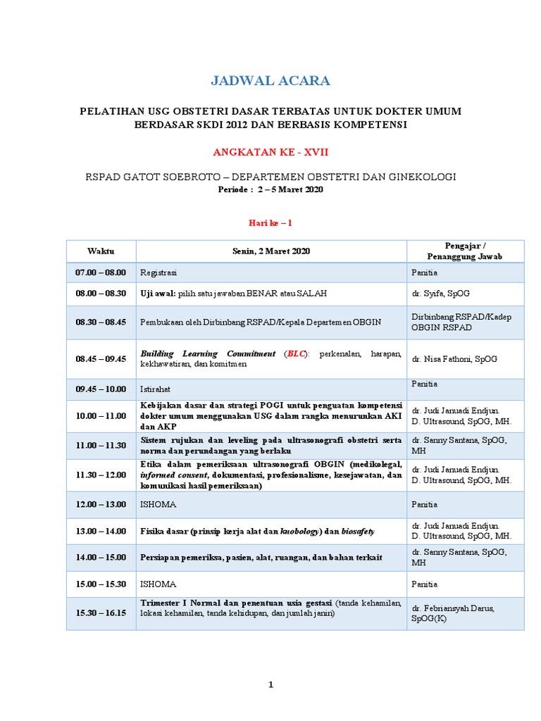 USG OB DU 2020, Jadwal Pelatihan, 20200217 | PDF