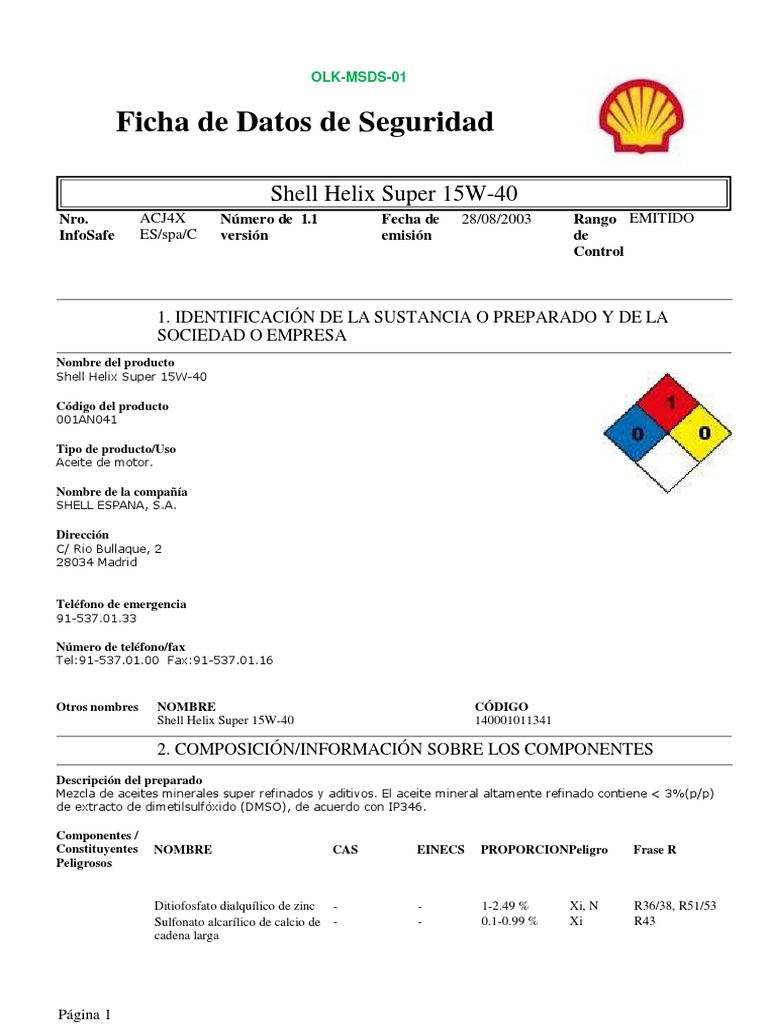 Ficha de Seguridad Aceite 15W-40 | PDF | Agua | Toxicología