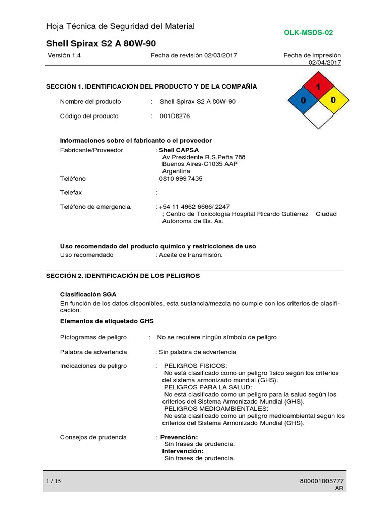 Seguridad Shell Spirax S2 A 80W-90 | PDF | Agua | Residuos