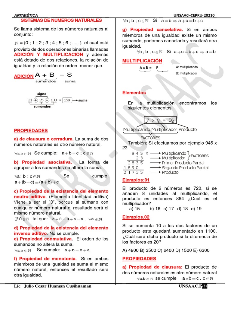 Sistema de Numeros Naturales y Enteros Suma Refinal | PDF ...