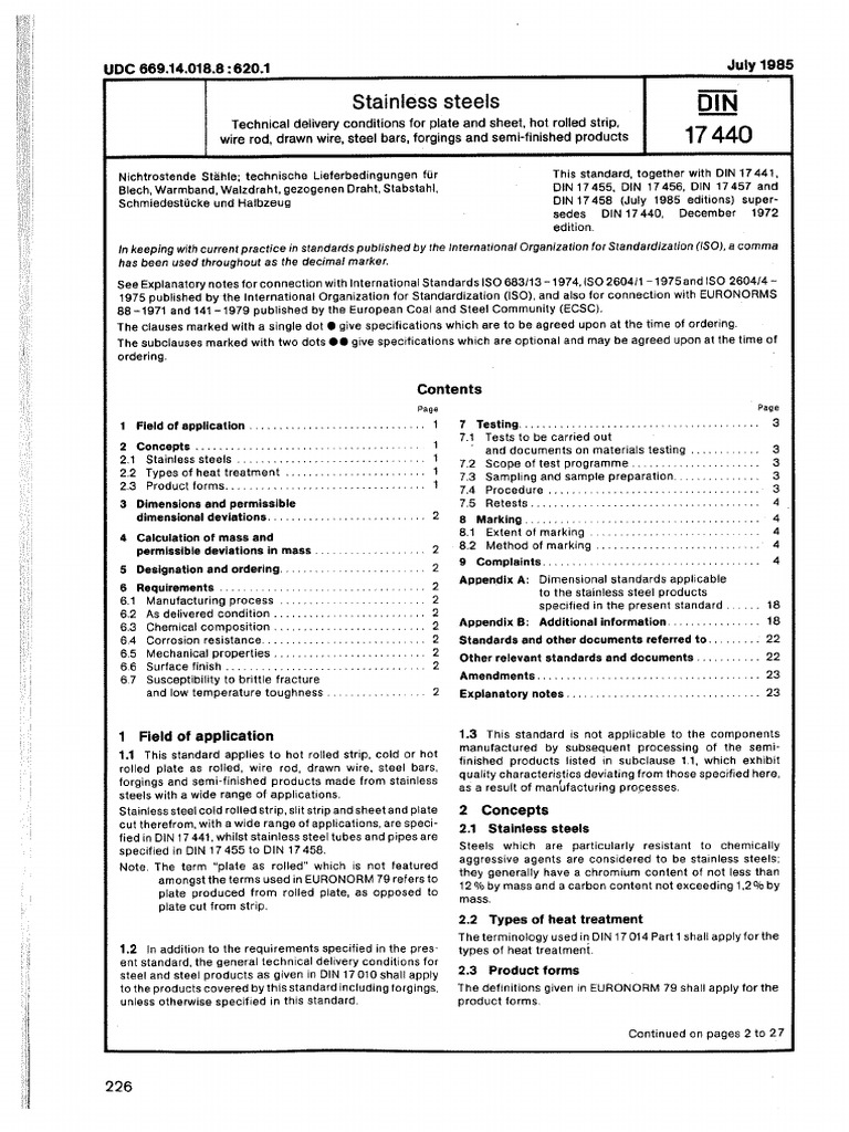 DIN 17440 - Stainless Steels - 1985 | PDF