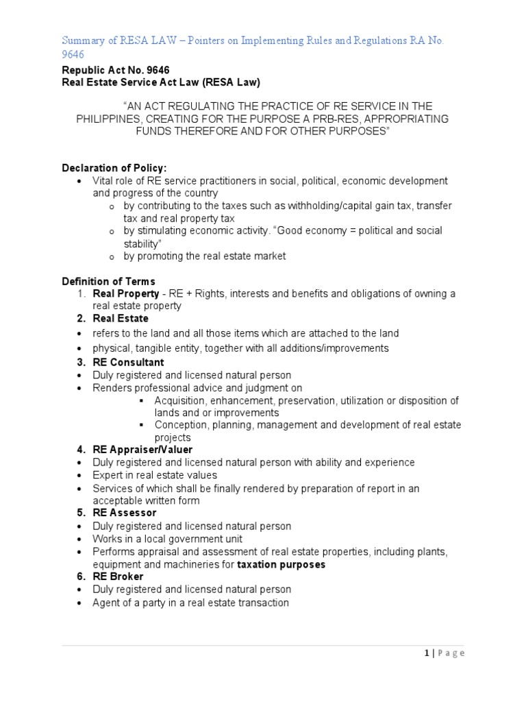 Implementing RA 9646: RESA Law Summary | PDF | Real Estate Appraisal | Licensure
