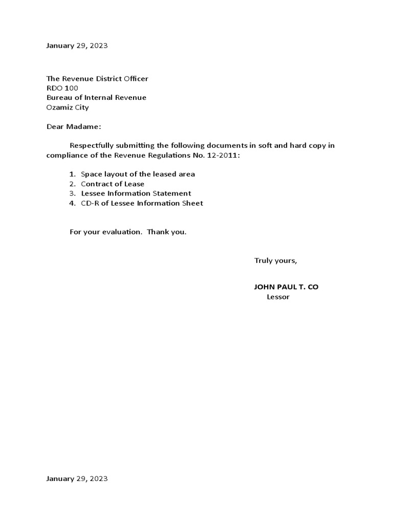 Transmittal Letter - Lessor's Report | PDF