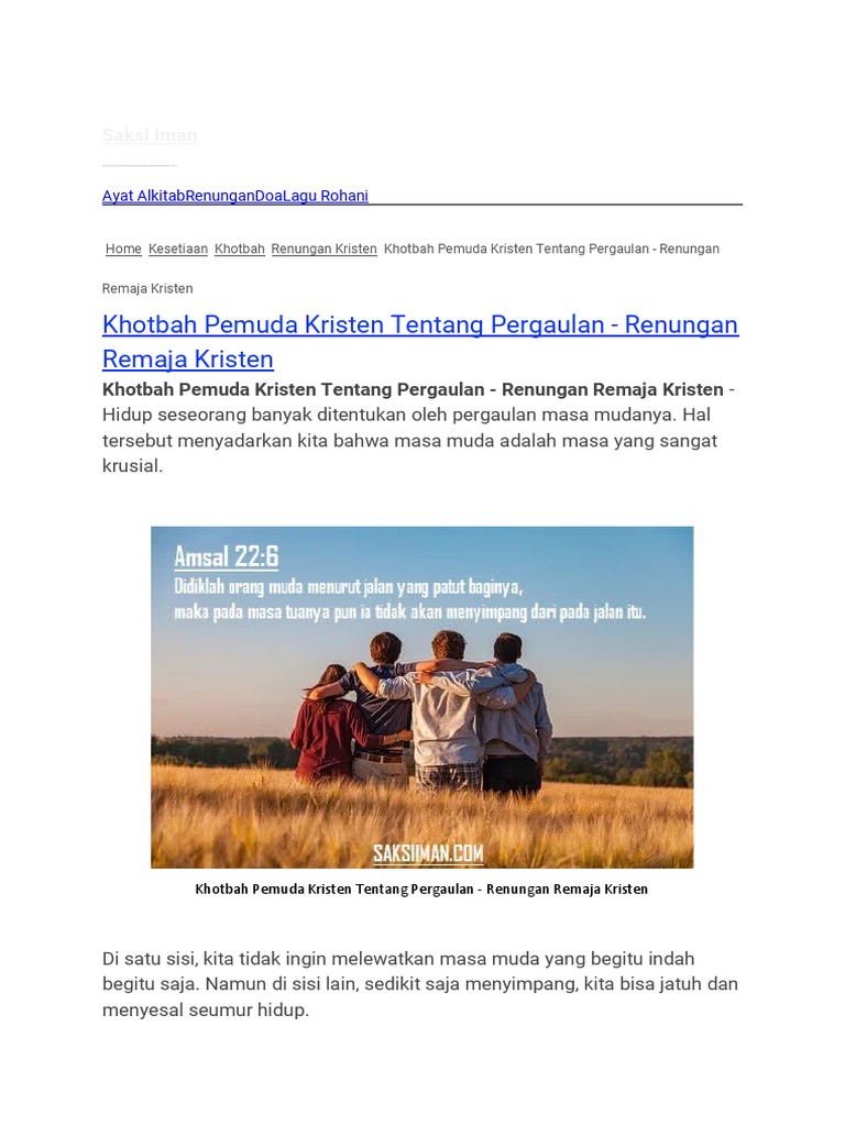 Khotbah Pemuda Kristen Tentang Pergaulan - Renungan Remaja Kristen | PDF