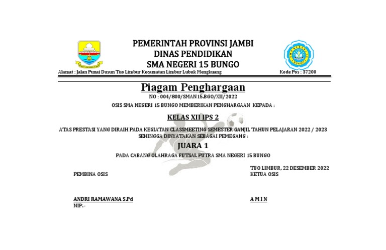 Piagam Juara Futsal Kelas XII IPS 2 | PDF