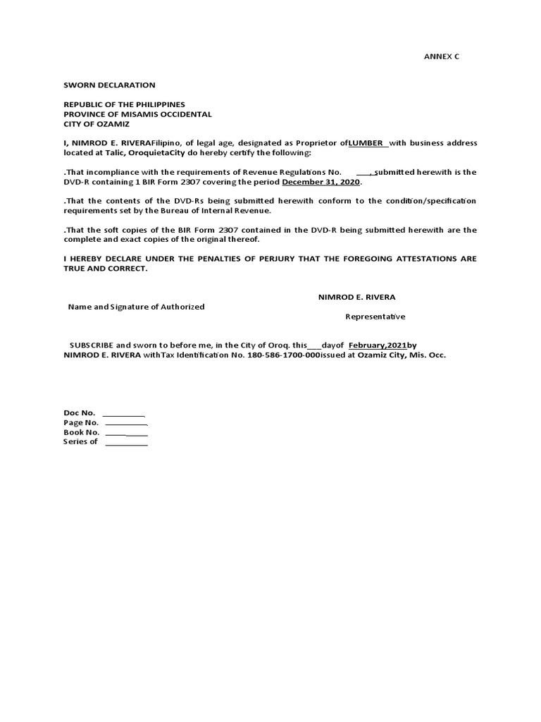 Sworn Declaration from Nimrod E. Rivera of Compliance in Submitting BIR ... Sworn Declaration from Nimrod E. Rivera of Compliance in Submitting BIR ...