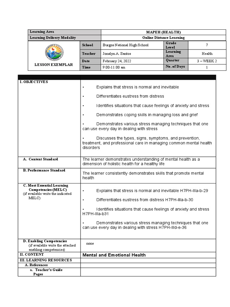 Grade 7 MAPEH: Mental Health Focus | PDF | Stress (Biology) | Mental ...