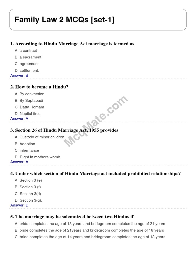 Family Law 2 Solved MCQs (Set-1) | PDF | Marriage | Polygamy