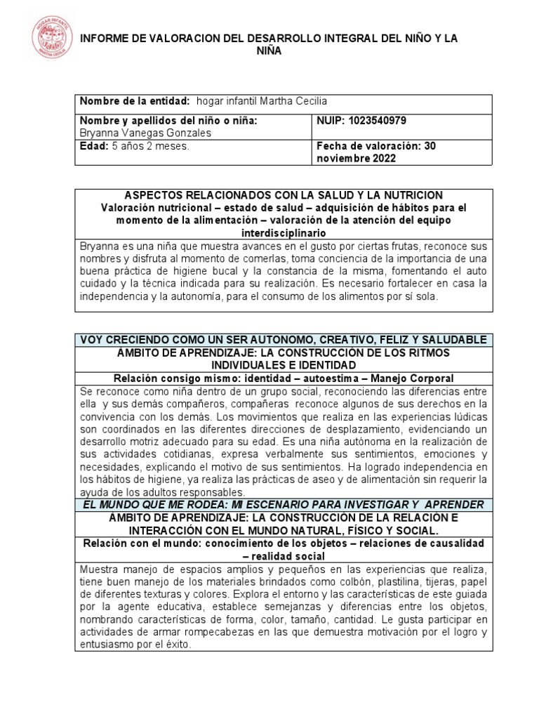 Informe de Valoracion Del Desarrollo Integral Del Niño y La Niña ...