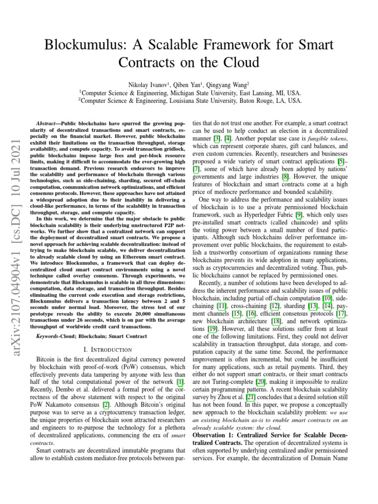Blockumulus: A Scalable Framework For Smart Contracts On The Cloud | Download Free PDF | Peer To ...