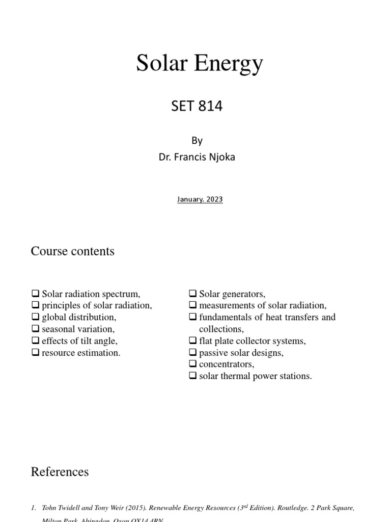 Solar Energy Course Overview | PDF | Equator | Sun