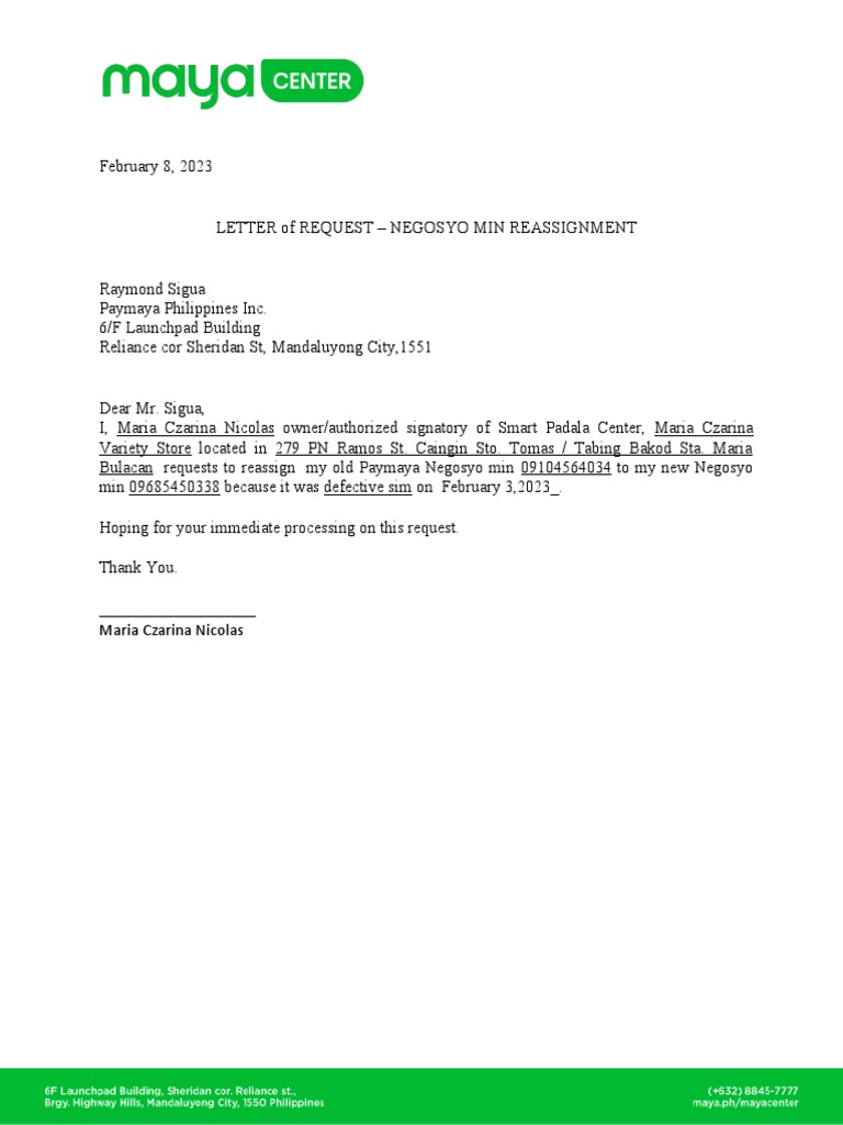 Request for Paymaya Negosyo Reassignment | PDF