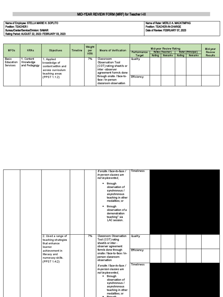 Mid-Year Review Form (MRF) For Teacher I-Iii: Through Onsite / Face-To ...