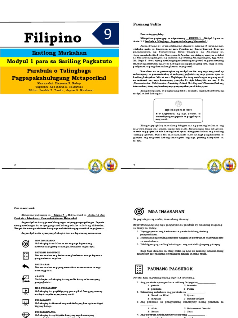 Filipino: Ikatlong Markahan Modyul 1 para Sa Sariling Pagkatuto Parabula o Talinghaga ...
