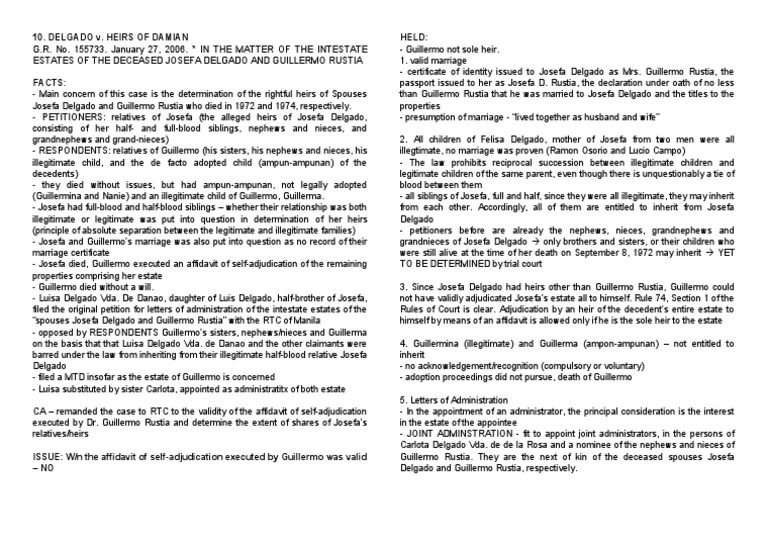 DELGADO v. HEIRS OF DAMIAN Case Digests | PDF | Inheritance | Intestacy