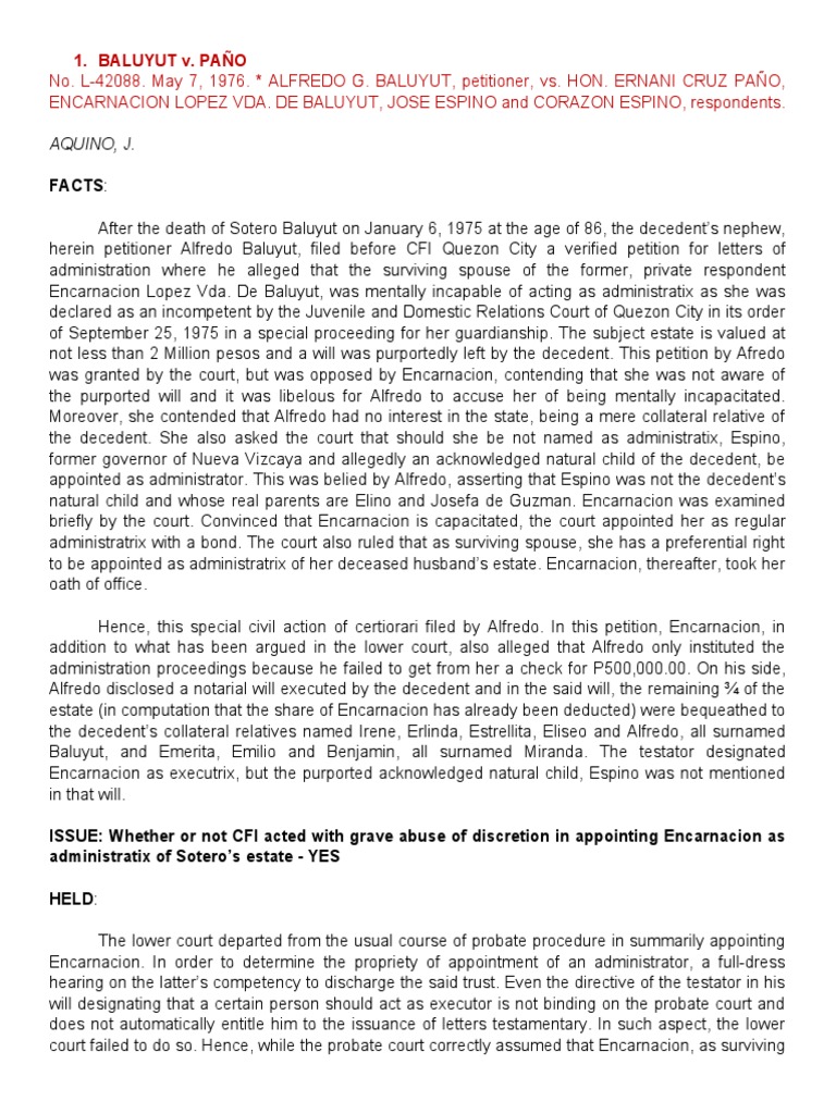 BALUYOT v. PANO Case Digest | PDF | Probate | Legal Aspects Of Death