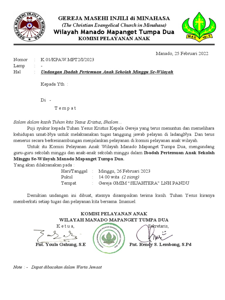 Undangan Ibadah Pertemuan Asm Wilayah | PDF