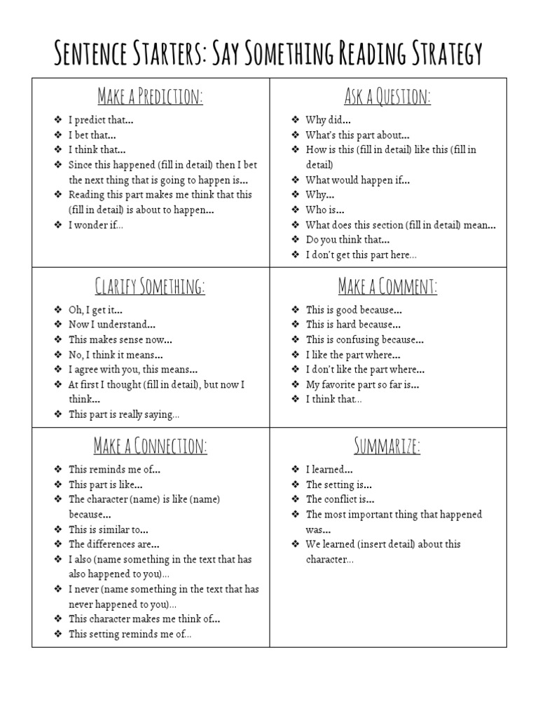 Sentence Starters: Say Something Reading Strategy: Make A Prediction ...