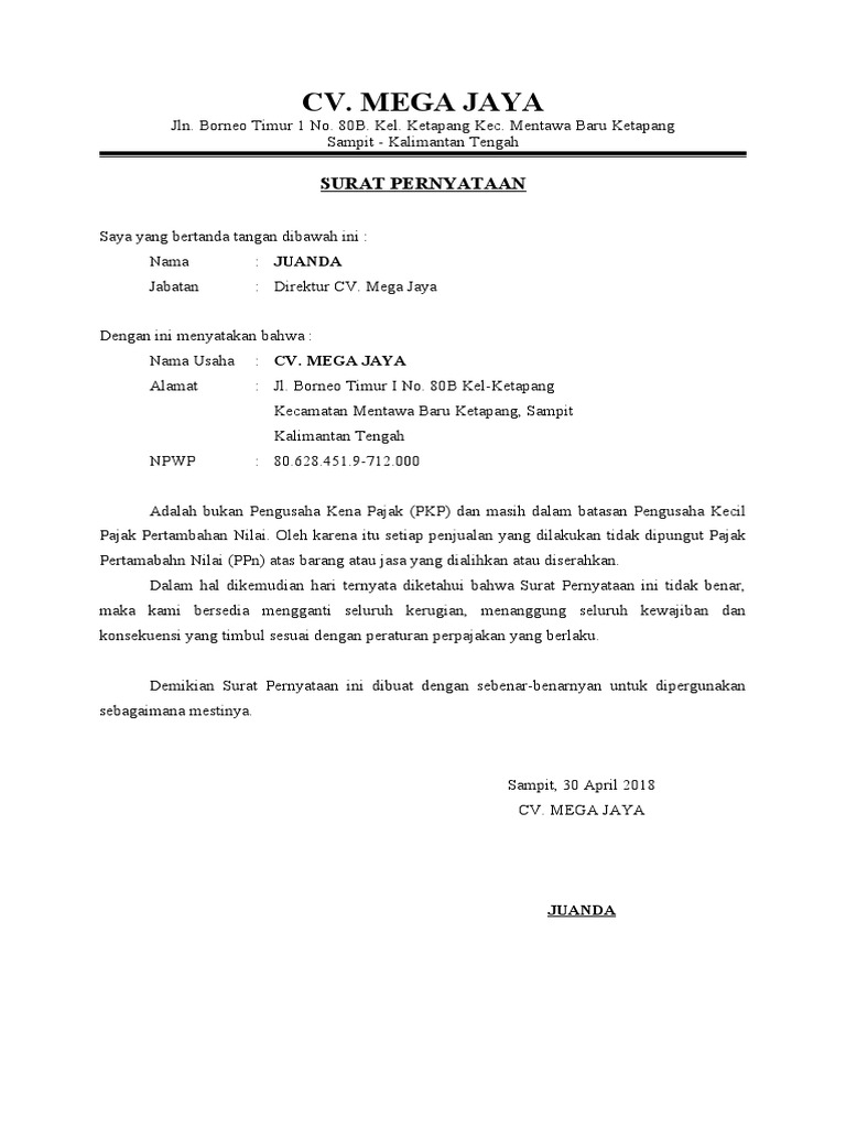 Surat Pernyataan CV. Mega Jaya | PDF
