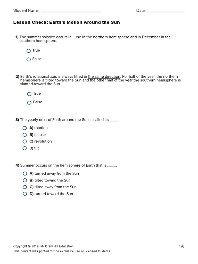 7ELesson+Check Earth s+Motion+Around+the+Sun SE | PDF | Earth ...