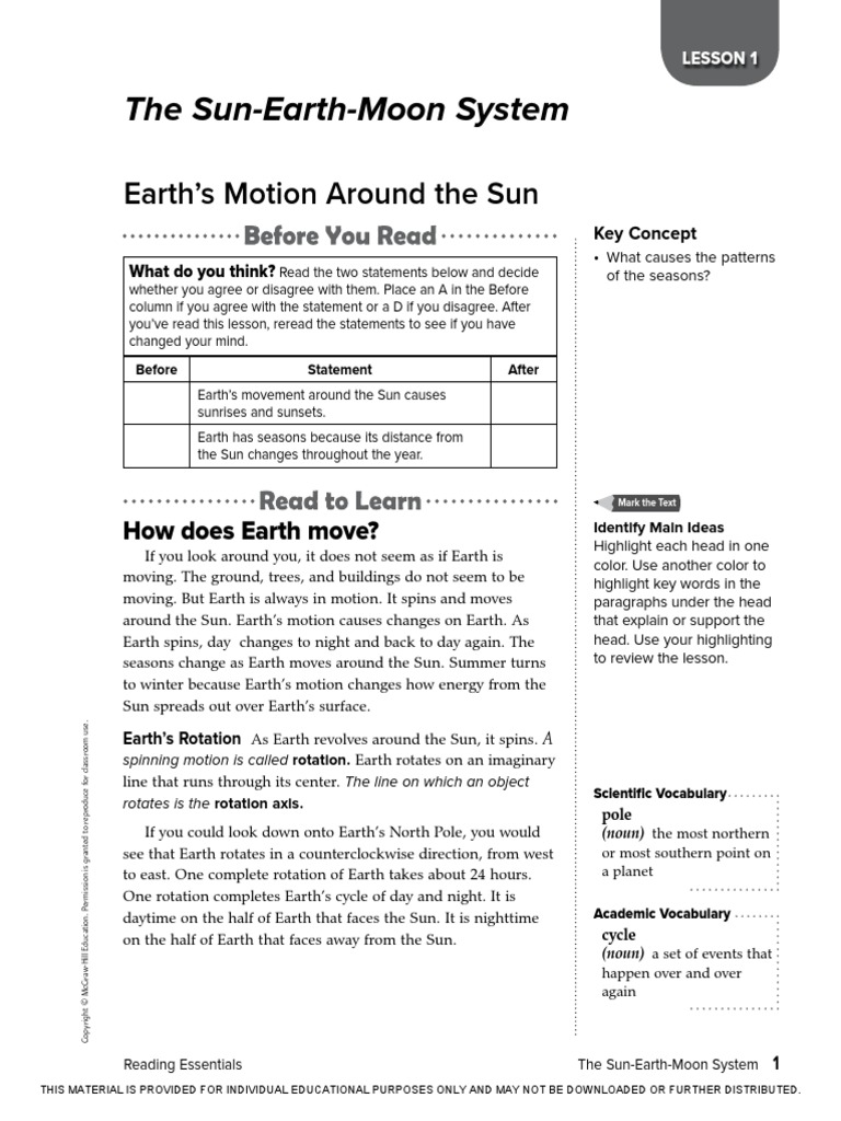 7E Reading Essentials Earth's Motion Around The Sun | PDF | Earth | Night