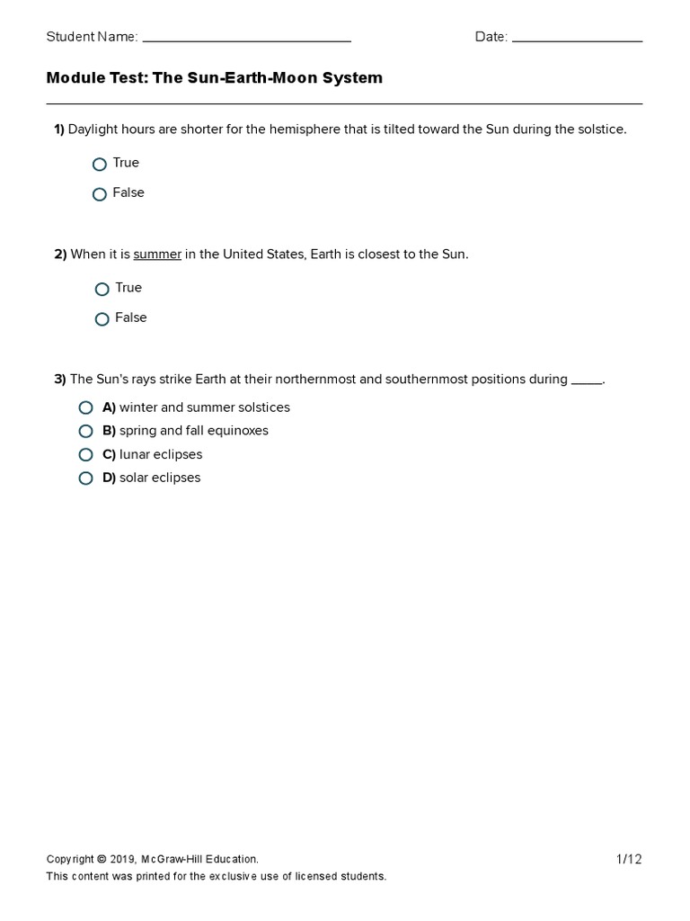 7E Module+Test - The+Sun-Earth-Moon+System - SE | PDF | Moon | Earth