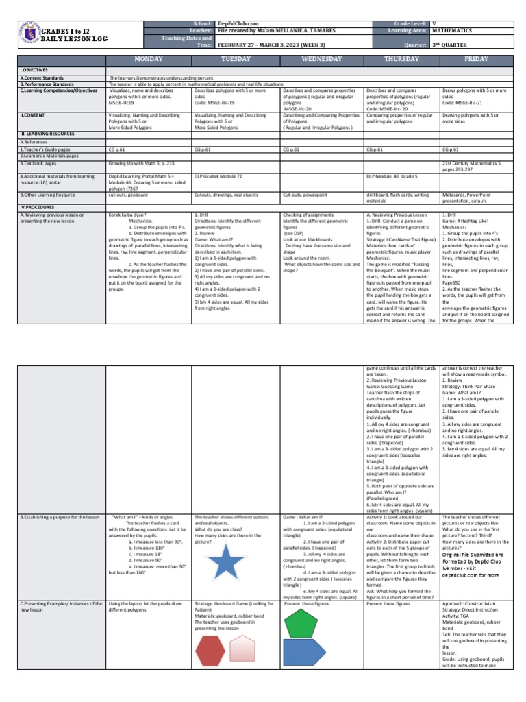 DLL - Mathematics 5 - Q3 - W3 | PDF
