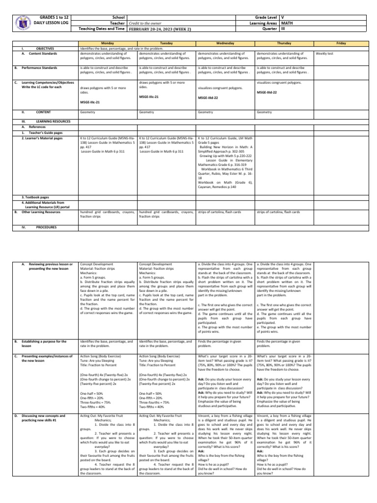 Grade 5 Math Lesson Plan: Geometry & Percentages | PDF | Percentage ...