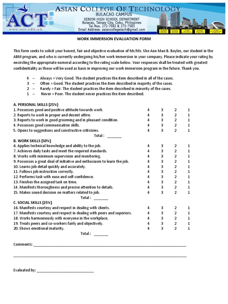 Work Immersion Evaluation Sheet | PDF | Cognitive Psychology | Behavioural Sciences